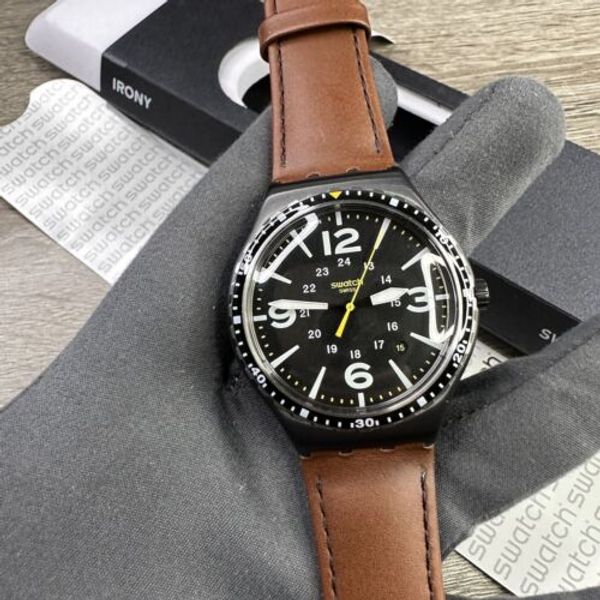 NEW Swatch Irony SPECIAL UNIT Black Steel Brown Leather 41mm Men's ...
