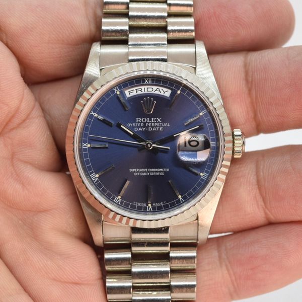 Rolex 18239 White Gold Day-Date With Blue Stick Dial | WatchCharts ...