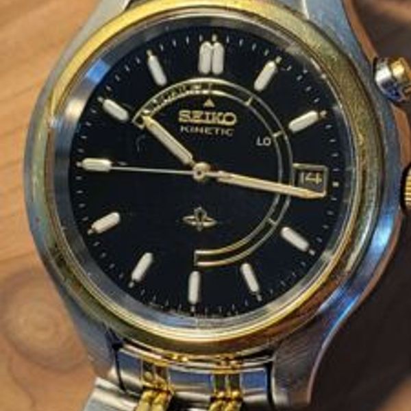 Seiko Kinetic 5M42-0A19 Two-Tone Men's Watch- Black Dial- New Battery ...