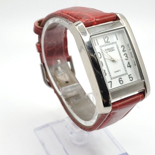 Embassy By Gruen Tank Quartz Watch New Battery Red Band Silver Tone ...