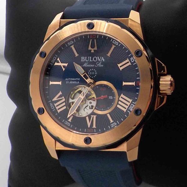 BULOVA MARINE STAR BLUE DIAL ROSE GOLD STAINLESS STEEL WATCH 98A227 ...