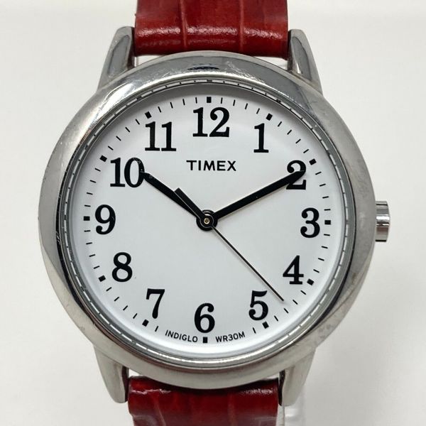 Timex Easy Reader Watch Women 25mm Silver Tone Red Band Indiglo New ...