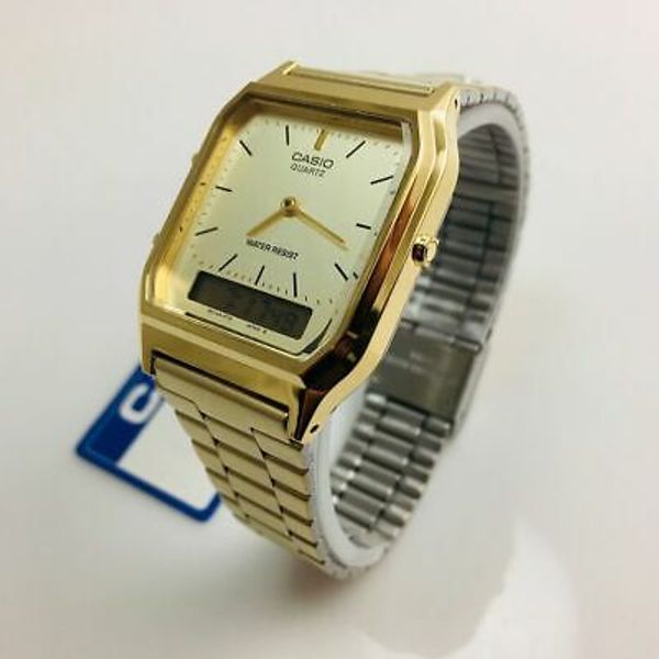 Men's Casio Ani-Digi Gold Steel Link Strap Watch AQ230GA-9 ...