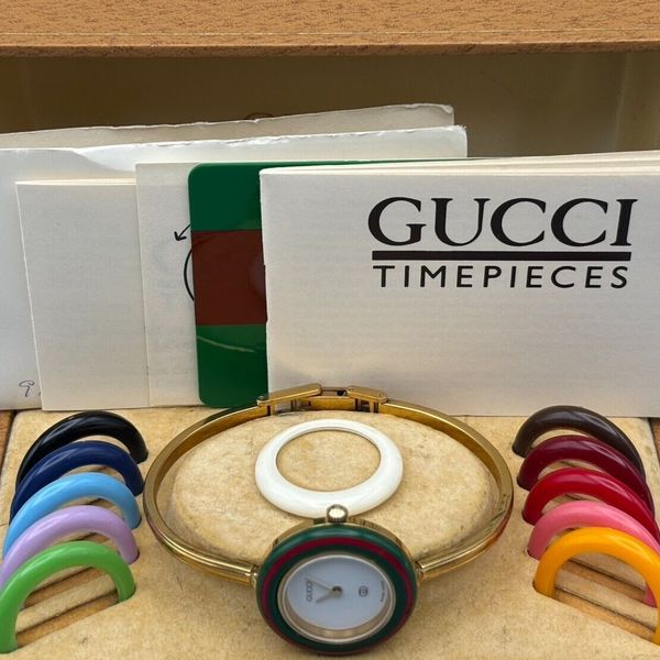 Auth Gucci Change Bezel 12 Colors Gold White Women Watch 6.5inc Quartz ...