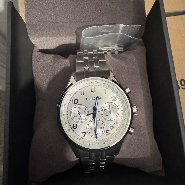 Bulova 96B393 Chronograph Menâ s Watch Silver Dial Blue Hands w/ Box ...