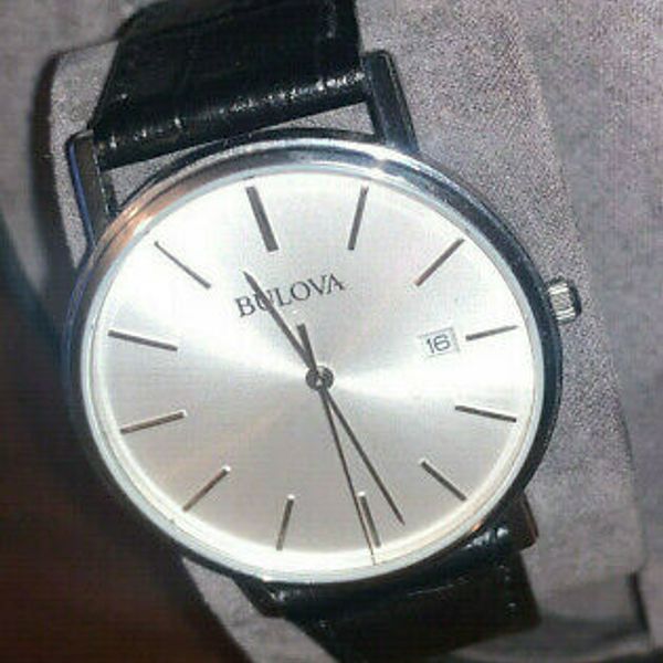 Bulova Dress Collection 96B104 Croc Embossed Black Leather Strap 37mm ...