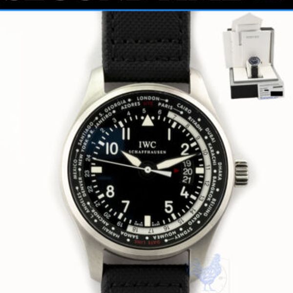 IWC Pilot Worldtimer 45mm Steel case Sailcloth Strap Complete Box ...