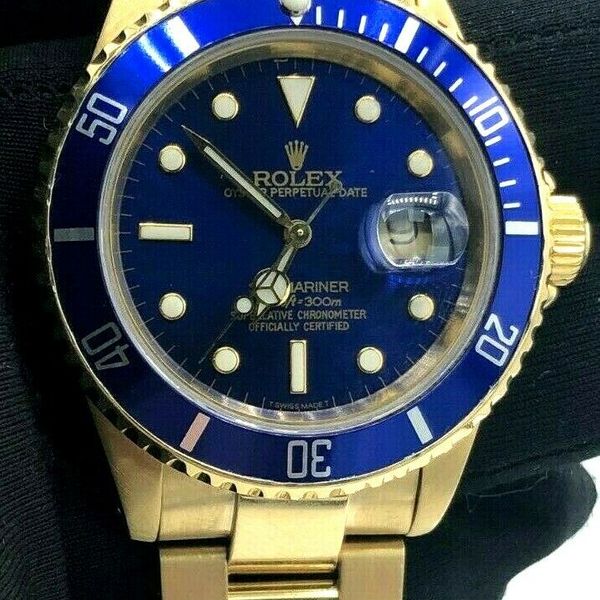 ROLEX SUBMARINER BLUE FACE 18K YELLOW GOLD ROTATING BEZEL VERY CLEAN ...