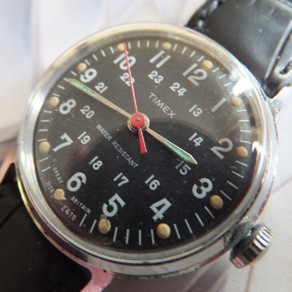 Excellent British Made 1970 Timex "Sprite" Military Black Dial Watch ...