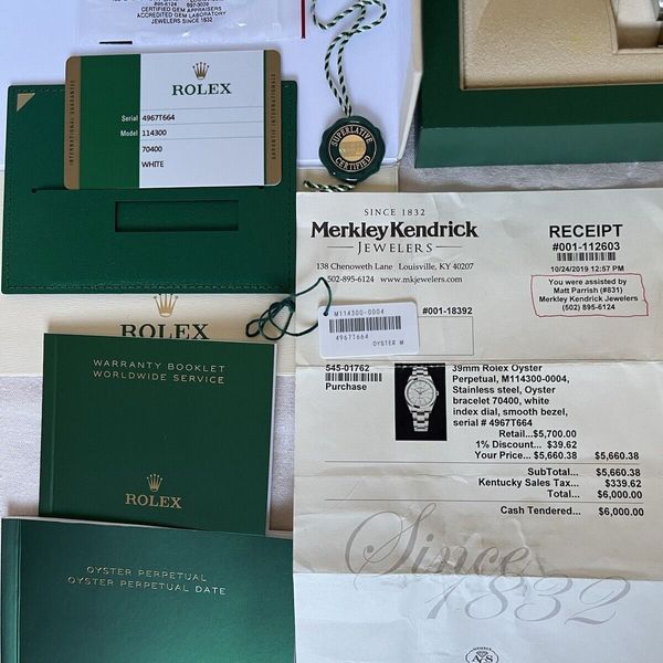 Rolex Oyster Perpetual 39mm White Dial 114300, 2019 Box Papers Original ...