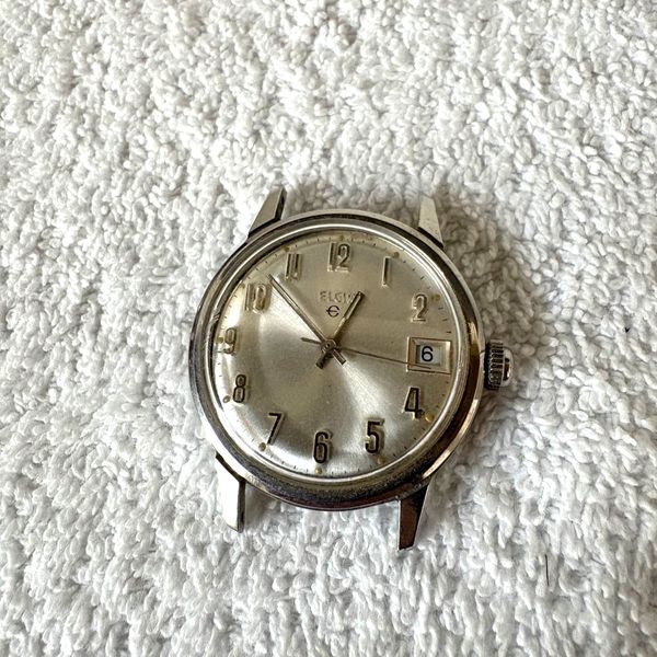 Vintage ELGIN Logo Watch Silver Tone Date Manual Stainless Steel ...