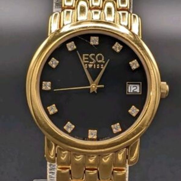 ESQ Movado 300612 34mm Black Dial Gold Diamond Swiss Quartz Men's Watch ...