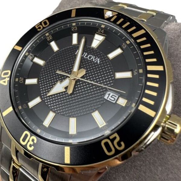 Bulova Men's Watch 98B394 Black Dial Date Quartz Two Tone Stainless ...