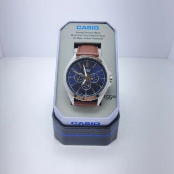 Casio Men's Quartz Blue Dial Brown Leather 48mm Watch MTPSW300L2TN ...