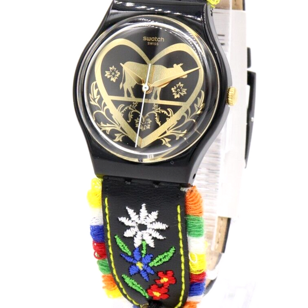 New Swiss Swatch DIE GLOCKE Black Embroidery Leather Women Watch 34mm ...