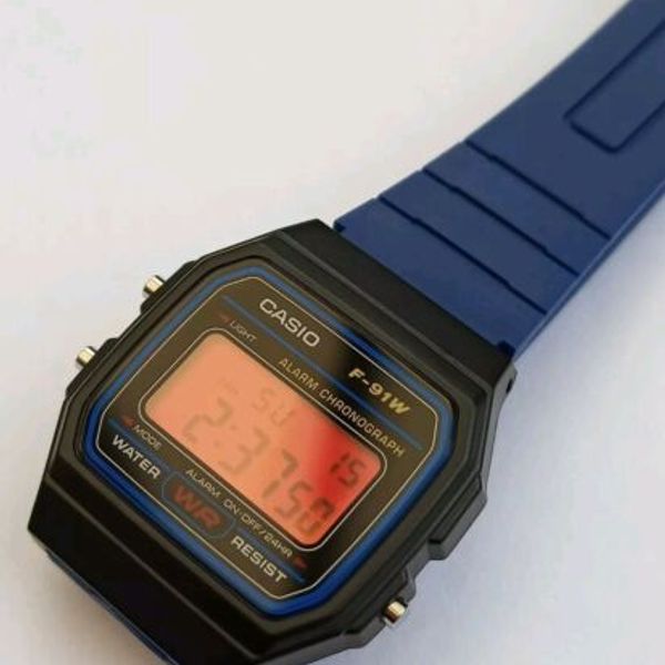 Casio F-91W Custom Blue Resin/Rubber Strap & Red Display Filter Retro ...