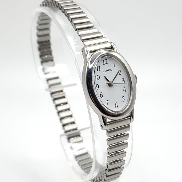 Timex Oval Quartz Womens Watch New Battery Silver Tone White Dial 18mm ...