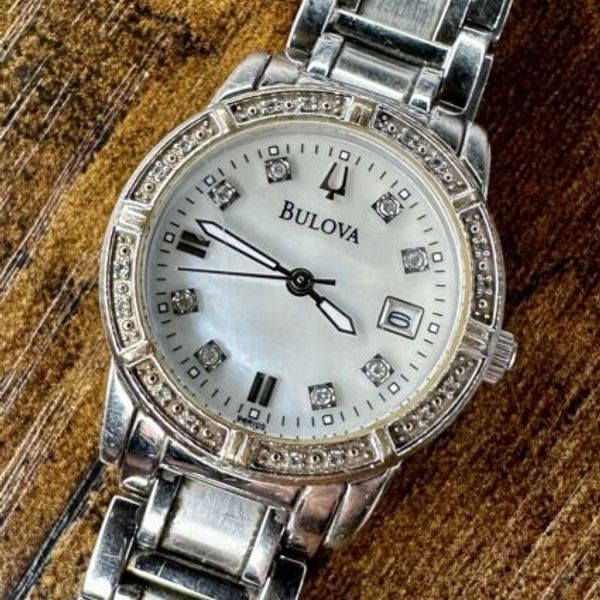 Stunning Ladies Bulova Watch Women Silver Tone Date 96R105 MOP Diamond ...