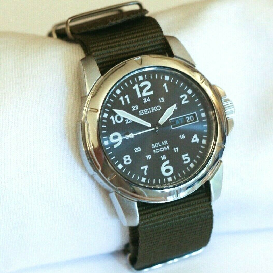 Seiko SNE095P2 Solar Power Day Date Military Army Green NATO Strap Men ...