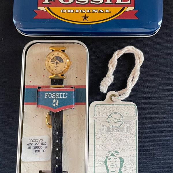 Vtg Ladies Fossil Watch Retro Pilot Moon Phase Leather Bnd w/ Orig ...