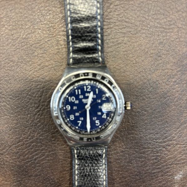 Vintage 1990s: Swatch Swiss Watch, Blue, Stainless Steel, Date, Leather ...