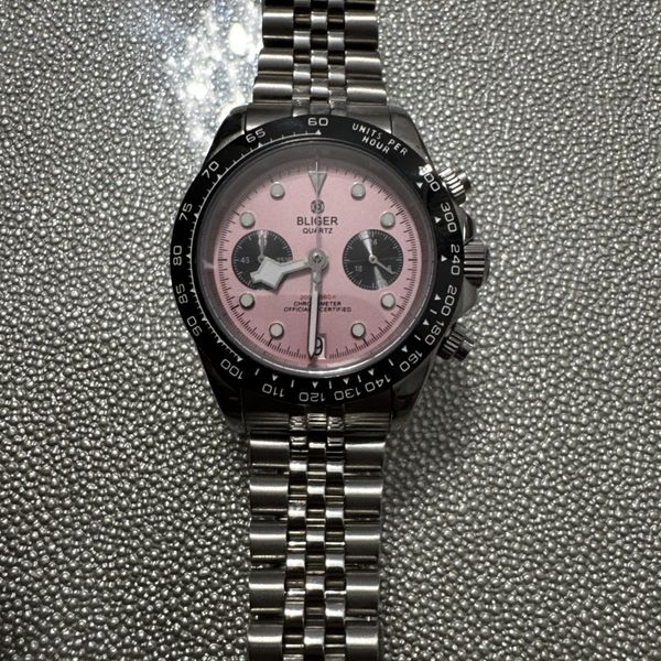 BLIGER 39mm Pink Dial VK64 Quartz Chronograph Watch Pink Flamingo Tudor ...