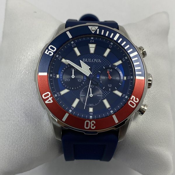 Bulova Sports Chronograph Quartz Blue Dial Rubber Strap Men's Watch ...