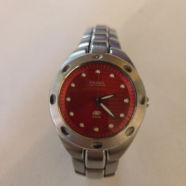 Vtg 1998 FOSSIL Blue Menâ s 40mm Quartz Watch Red Dial Steel Case ...