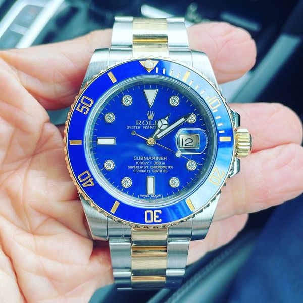 Rare & In Pristine Condition Rolex Submariner Bluesy Ref No. 116613LB Serti (Diamond Dial ...