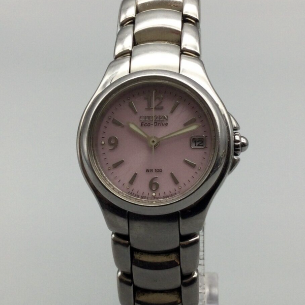 Citizen Eco-Drive Watch Women Silver Tone Pink Dial 100M Stainless Date ...
