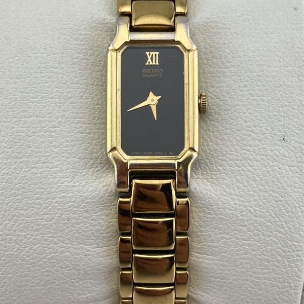 Vtg Seiko Quartz Ladies 13mm Watch Gold Tone Tank Black Dial 6" 2E20-6249 - RUNS | WatchCharts ...