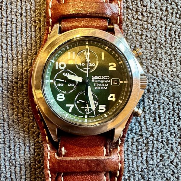 Military seiko Titanium chronograph Alarm Green Face Military Leather ...