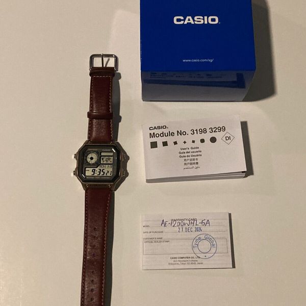 Casio AE-1200WHL-5AV Digital Brown Leather World Time World Map Sports ...