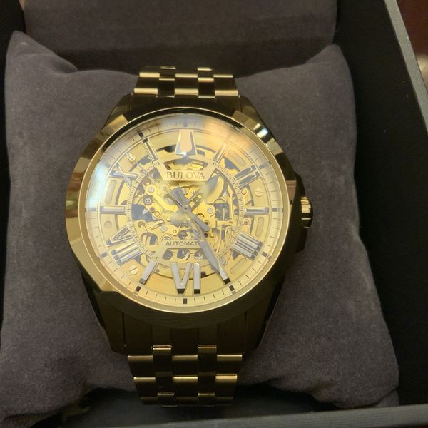 Bulova Sutton Automatic Skeleton 97A162 Gold Stainless Men's Watch ...