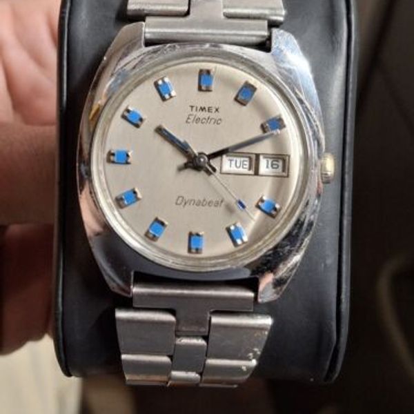 Timex Electric Dynabeat Mens Vintage 1970s Silver Dial Blue Accent ...