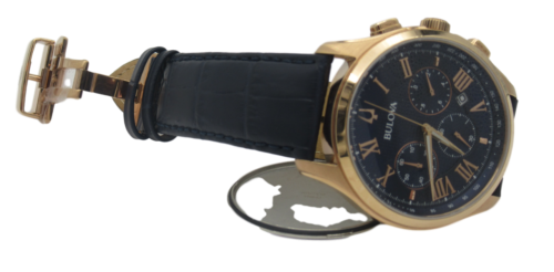Bulova 97B170 Men's Wilton Leather Chronograph Blue Dial Rose Gold ...