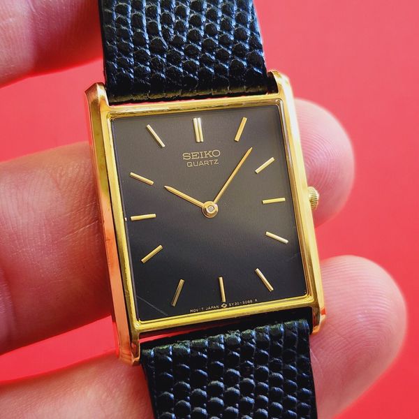 Seiko Tank Watch Rare Black Dial Gold Coloured Case Leather 5Y30-5069 Vintage | WatchCharts ...