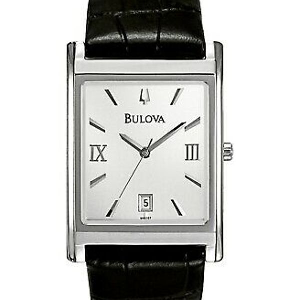 Bulova Quartz Silver Dial Black Leather Strap Men's Watch 96B107 ...