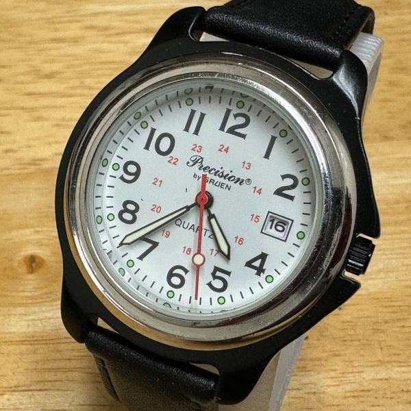 Vintage Gruen Precision Quartz Watch Men Silver Black Military Dial New ...