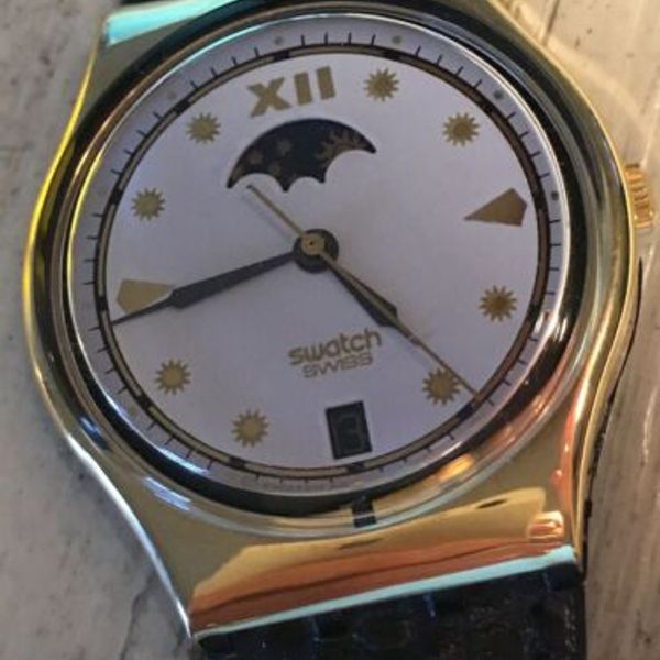 Vintage Swatch Swiss Navy Blue Leather Band Watch 5755 Sun & Stars W ...