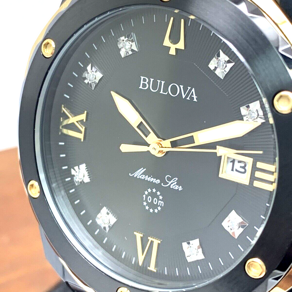 Bulova Men's Watch 98D176 Marine Star Quartz Diamond Black Gold ...