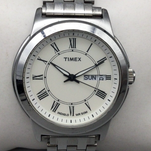 Timex Watch Men Silver Tone Day Date Round Black Leather Band New ...