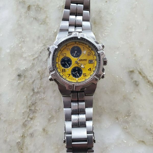 SEIKO Chronograph Tachymeter Yellow/Blue 200M Diver Mens Watch Rare ...