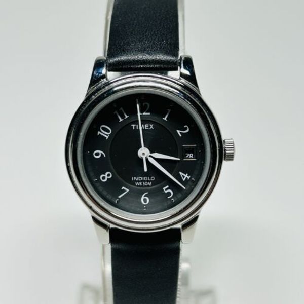 Orologio Timex Donna 26mm Indiglo Tono Argento Quadrante Nero WR50M Data Batteria Nuova ...