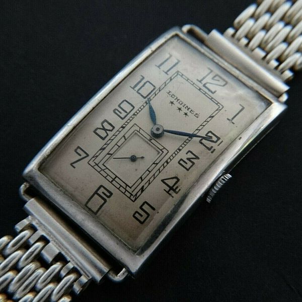 VTGE RARE LARGE BIG LONGINES SOLID SILVER RECTANGULAR MEN WATCH. 1929 ...