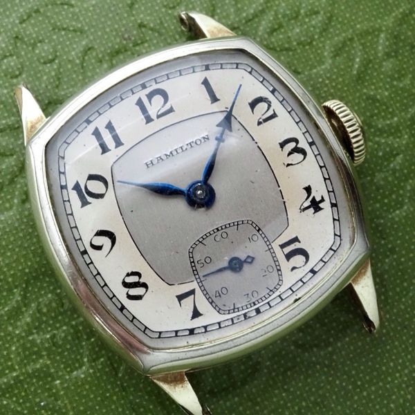 VINTAGE 1928 HAMILTON CUSHION ART DECO 14K GF WATCH - ORIG 2 TONE DIAL ...