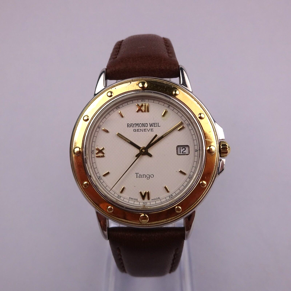 Raymond Weil Tango 5560 Watch Gold Plated & Steel White Dial Brown ...