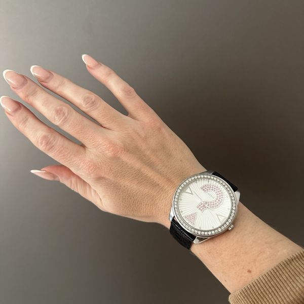 Ladies Guess Watch Pink Stones Question Mark Black Leather Strap Silver ...