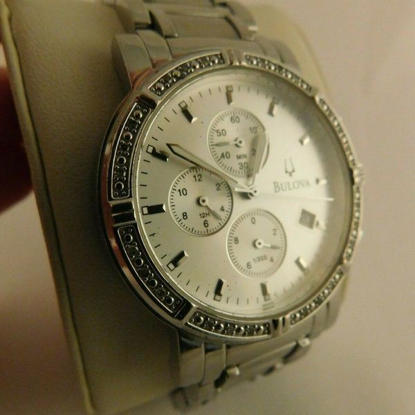BULOVA CHRONOGRAPH WATCH 24 DIAMOND BEZEL AROUND DIAL STAINLESS STEEL ...