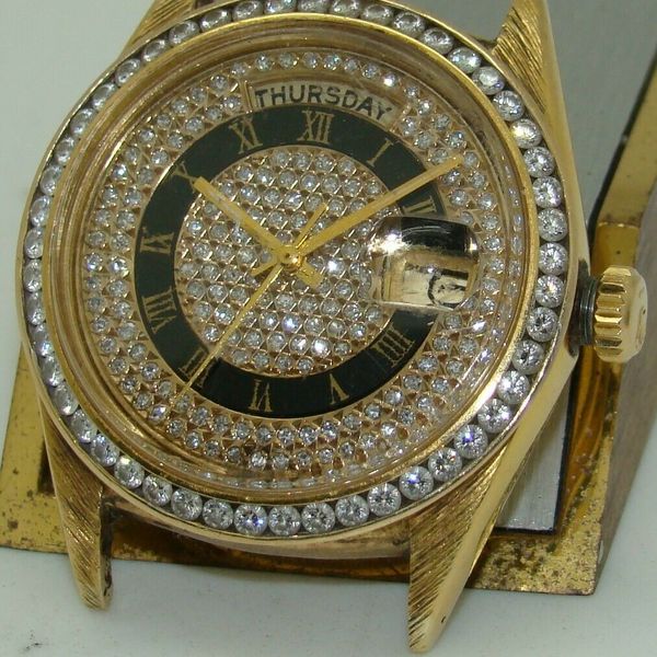 ROLEX MENS 18K YELLOW GOLD DAY-DATE 1803 WATCH HEAD w/PAVE DIAMOND DIAL ...